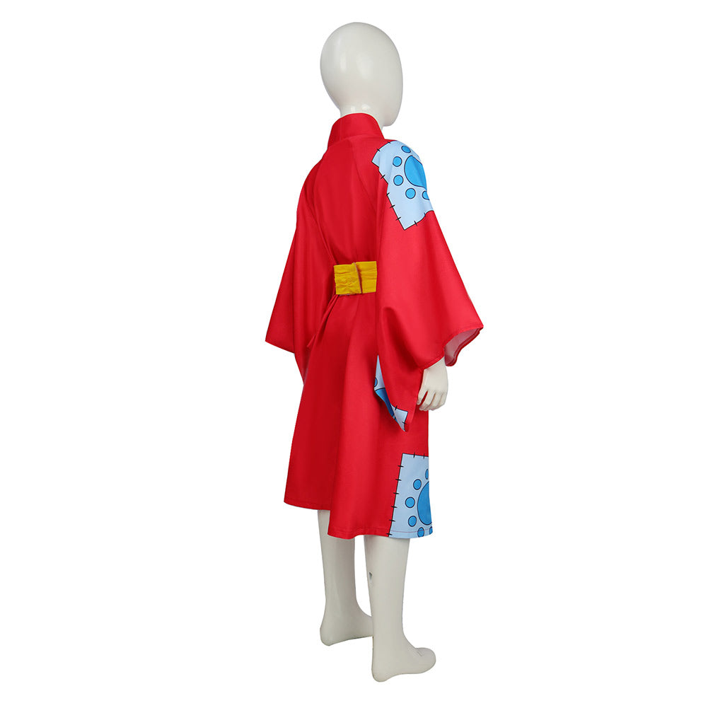 One Piece Luffy Wano Country Arc Kids Children Red Kimono Cosplay Cost ...