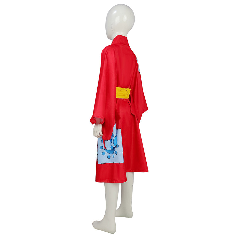 One Piece Luffy Wano Country Arc Kids Children Red Kimono Cosplay Cost ...